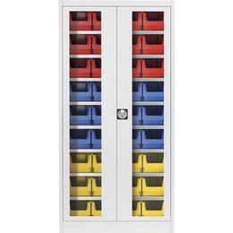Mauser Sichtfenster-Flügeltürenschrank, mit 36 Sichtlagerkästen, lichtgrau