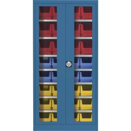 Mauser Sichtfenster-Flügeltürenschrank, mit 32 Sichtlagerkästen, brillantblau