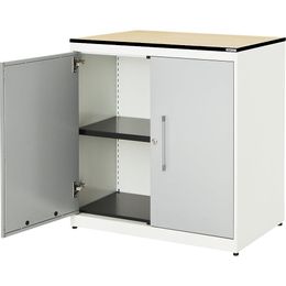 Mauser Flügeltürenschrank, HxB 818 x 800 mm, HPL-Vollkernplatte, 1 Fachboden, reinweiß / weißaluminium / Ahorn