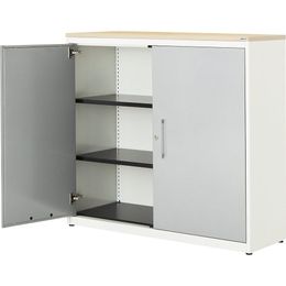 Mauser Flügeltürenschrank, HxB 1180 x 1200 mm, Kunststoffplatte, 2 Fachböden, reinweiß / weißaluminium / Ahorn