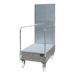 eurokraft pro Fahrbare Auffangwanne mit Lochplattenwand, 2 x 200-l-Fass stehend hintereinander, LxBxH 1280 x 800 x 2015 mm, feuerverzinkt