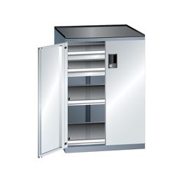 LISTA Schubladenschrank mit Flügeltüren, Höhe 1020 mm, 2 Böden, 2 Schubladen, Traglast 75 kg, grau metallic / lichtgrau