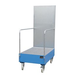 eurokraft pro Fahrbare Auffangwanne mit Lochplattenwand, 2 x 200-l-Fass stehend hintereinander, LxBxH 1280 x 800 x 2015 mm, lichtblau