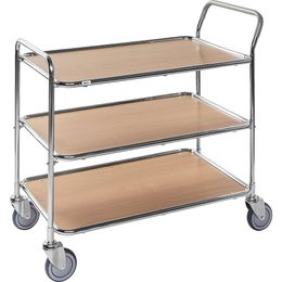 Kongamek Tischwagen, 3 Etagen, LxBxH 1020 x 555 x 965 mm, verzinkt / Buchedekor, ab 2 Stk