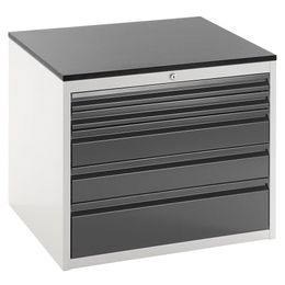 Rau Schubladenschrank mit Teleskopführungen, Höhe 640 mm, Schubladen 2 x 60, 2 x 120, 1 x 180 mm, lichtgRau / anthrazit, Breite 770 mm