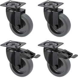 Proroll Gummireifen schwarz, thermoplastisch, mit Montageplatte, Set-Angebot, 2 Lenkrollen mit Doppelstopp und 2 Lenkrollen, Rad-Ø x Breite 100 x 25 mm