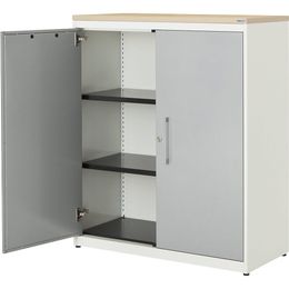 Mauser Flügeltürenschrank, HxB 1180 x 1000 mm, Kunststoffplatte, 2 Fachböden, reinweiß / weißaluminium / Ahorn