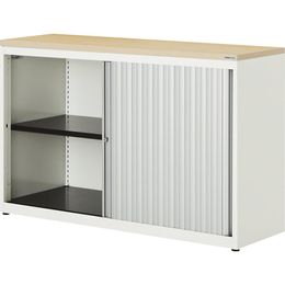 Mauser Querrollladenschrank, HxBxT 830 x 1200 x 432 mm, Kunststoffplatte, 1 Fachboden, reinweiß / alufarben / Ahorn