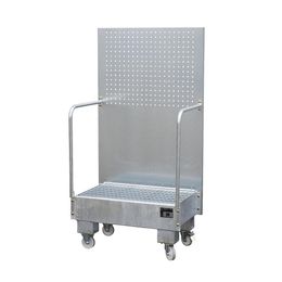 eurokraft pro Fahrbare Auffangwanne mit Lochplattenwand, 2 x 60-l-Fass stehend nebeneinander, LxBxH 570 x 890 x 1685 mm, feuerverzinkt