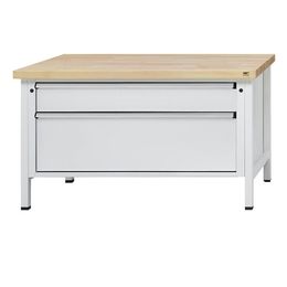 ANKE Werkbank mit XL/XXL-Schubladen, Gestellbauweise, Breite 1500 mm, 2 Schubladen, Buchemassivplatte, Front lichtgrau