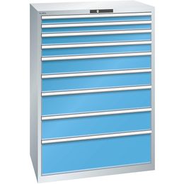 LISTA Schubladenschrank, 9 Schubladen, BxTxH 1023 x 725 x 1450 mm, lichtgrau / lichtblau