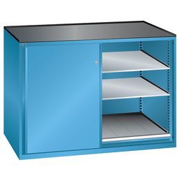 LISTA Schiebetürenschrank, Traglast Auszugboden 75 kg, 4 Verstellböden, 2 Auszugböden, lichtblau