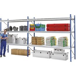 Manorga Schwerlast-Großfachregal mit Drahtgitterauflagen, Rahmenfarbe Blau, HxBxT 2496 x 2780 x 1000 mm, Anbauregal