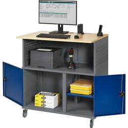 Rau PC-Tisch, mit Mitteltrennwand, mit Fahrsatz, anthrazit-metallic / enzianblau RAL 5010
