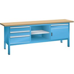 LISTA Werkbank mit Buchemassivplatte, Gestellbauweise, Breite 2000 mm, 4 Schubladen, 1 Tür, Korpus lichtblau, Front lichtblau