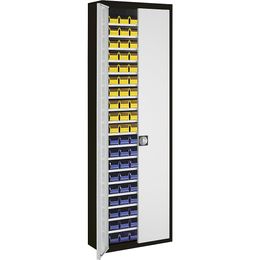 Mauser Magazinschrank mit Sichtlagerkästen, HxBxT 2150 x 680 x 280 mm, zweifarbig, Korpus schwarz, Türen grau, 114 Kästen