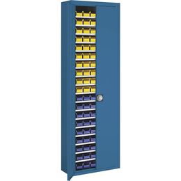 Mauser Magazinschrank mit Sichtlagerkästen, HxBxT 2150 x 680 x 280 mm, zweifarbig, Korpus grau, Türen blau, 114 Kästen