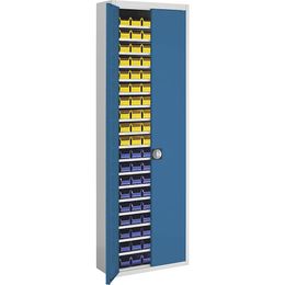 Mauser Magazinschrank mit Sichtlagerkästen, HxBxT 2150 x 680 x 280 mm, zweifarbig, Korpus grau, Türen rot, 114 Kästen