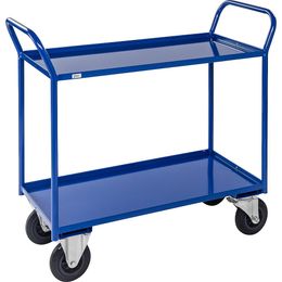 Kongamek Tischwagen KM41, 2 Etagen mit Aufkantung, LxBxH 1080 x 450 x 1000 mm, blau, 2 Lenk- und 2 Bockrollen, ab 5 Stk