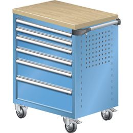 LISTA Werkstattwagen, mit Multiplex-Holzabdeckung 40 mm, 6 Schubladen, blau