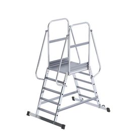 eurokraft pro Alu-Podestleiter, beidseitig begehbar, fahrbar, 2 x 5 Stufen