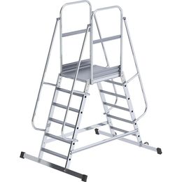 eurokraft pro Alu-Podestleiter, beidseitig begehbar, fahrbar, 2 x 6 Stufen