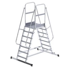 eurokraft pro Alu-Podestleiter, beidseitig begehbar, fahrbar, 2 x 7 Stufen