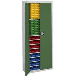 Mauser Magazinschrank mit Sichtlagerkästen, HxBxT 1740 x 680 x 280 mm, zweifarbig, Korpus grau, Türen grün, 138 Kästen