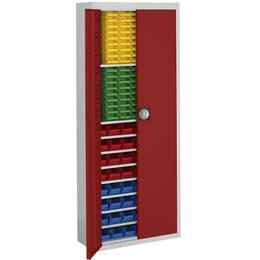 Mauser Magazinschrank mit Sichtlagerkästen, HxBxT 1740 x 680 x 280 mm, zweifarbig, Korpus grau, Türen rot, 138 Kästen