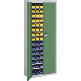 Mauser Magazinschrank mit Sichtlagerkästen, HxBxT 1740 x 680 x 280 mm, zweifarbig, Korpus grau, Türen grün, 90 Kästen