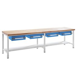 eurokraft pro Höhenverstellbare Werkbank, Gestellbauweise, mit Schubladen, Breite 3000 mm, grau / blau