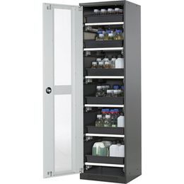 ASECOS Labor-Chemikalienschrank, 1-türig, hoch, 6 Auszüge, mit Sichtfenster, grau