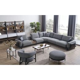 JVmoebel Wohnzimmer-Set Graue Wohnzimmer Garnitur Luxus Ecksofa L-Form Couch Couchtisch Hocker