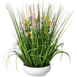 Kunstgras Blüten-Gras-Mix, Creativ green, Höhe 53 cm, in weißer Kunststoffschale, bunt