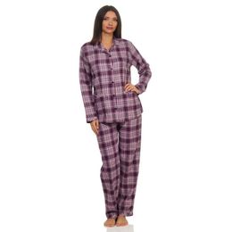 Normann Pyjama Damen Flanell Schlafanzug langarm mit Knopfleiste und Reverskragen