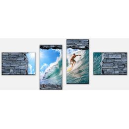 wandmotiv24 Mehrteilige Bilder 3D Surfing- grobe Steinmauer