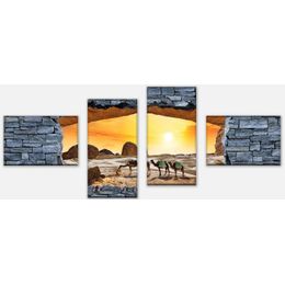 wandmotiv24 Mehrteilige Bilder 3D Kamele in der Wüste- grobe Steinmauer