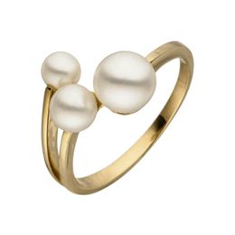 Schmuck Krone Fingerring Ring Damenring mit 3 Süßwasser Perlen 585 Gold Gelbgold Fingerring Damen