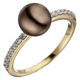 Schmuck Krone Goldring Ring mit Perle braun & Zirkonia