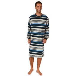 Normann Pyjama Herren Frottee Nachthemd langarm mit Bündchen in gestreifter Optik