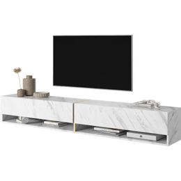 Selsey - Mirrgo - TV-Lowboard stehend Weiß Marmor mit Goldenen Einsätzen, 200 cm