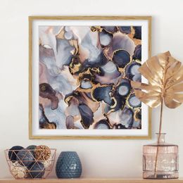 MICASIA Bild mit Rahmen - Marmor Aquarell mit Gold Größe HxB: 20cm x 20cm, Rahmen: Eiche