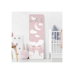 Bilderdepot24 Garderobenpaneel Design Kinder Städte Himmel Illustration Sternenhimmel Mond rosa (ausgefallenes Flur Wandpaneel mit Garderobenhaken Kleiderhaken hängend)