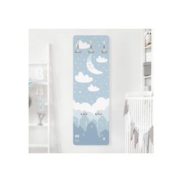 Bilderdepot24 Garderobenpaneel Design Kinder Städte Himmel Illustration Sternenhimmel Mond blau (ausgefallenes Flur Wandpaneel mit Garderobenhaken Kleiderhaken hängend)