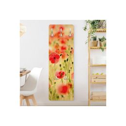 Bilderdepot24 Garderobenpaneel grün Blumen Floral Summer Poppies Design (ausgefallenes Flur Wandpaneel mit Garderobenhaken Kleiderhaken hängend)