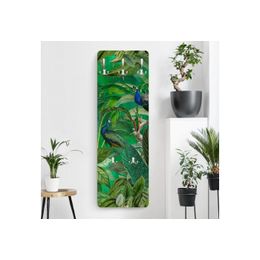 Bilderdepot24 Garderobenpaneel grün Botanik Tropisch Kunst Tiere Bäume Wald Pfauen im Dschungel (ausgefallenes Flur Wandpaneel mit Garderobenhaken Kleiderhaken hängend)