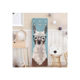 Bilderdepot24 Garderobenpaneel blau Illustration Kinder Tiere Lama mit Brille II Design (ausgefallenes Flur Wandpaneel mit Garderobenhaken Kleiderhaken hängend)