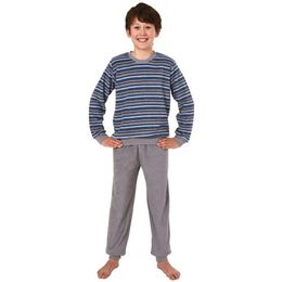 Normann Pyjama Jungen Frottee Schlafanzug langarm mit Bündchen Oberteil gestreift