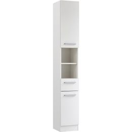 Saphir Hochschrank Quickset 335 Badschrank 30 cm breit, 2 Türen, 1 Nische, 1 Schublade Badezimmer-Hochschrank, Weiß Glanz, Griffe in Chrom glänzend