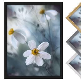Bild mit Rahmen Kosmeen in Pastell - gerahmte Wandbilder Print Blumen Floral Wohnzimmer Schlafzimmer Bad Badezimmer K&uuml;che Flur Esszimmer Blau